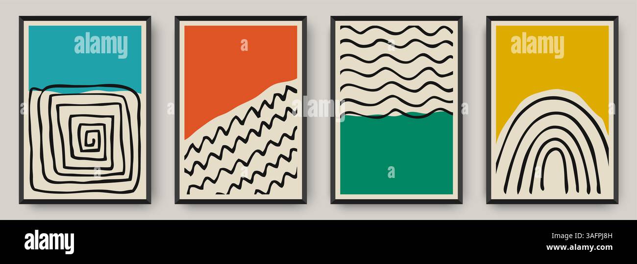 Set of four abstract posters with bold color fields and hand drawn ...