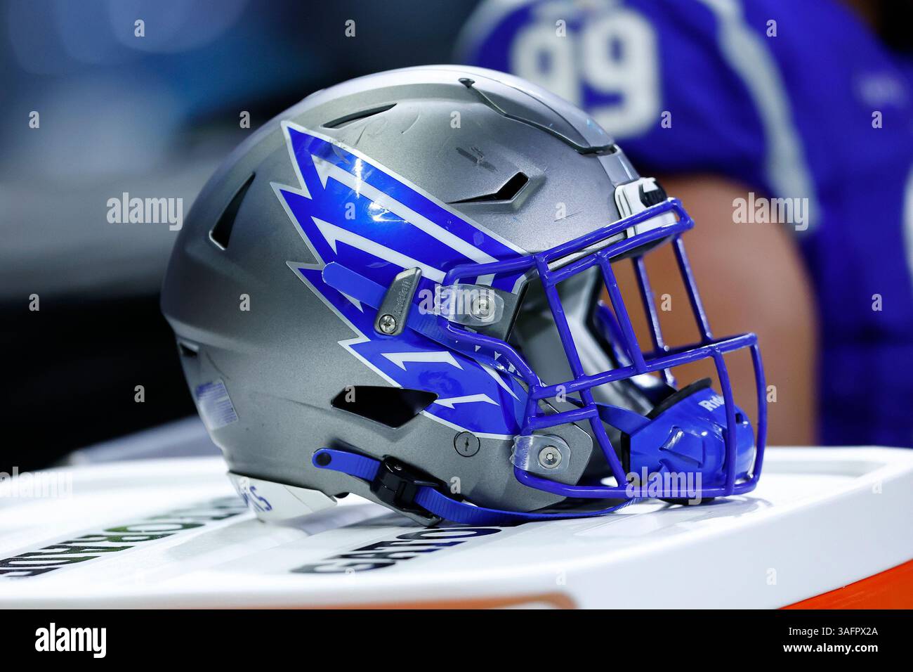 ST. LOUIS, MO - APRIL 06: A St. Louis Battlehawks helmet sits on top of ...