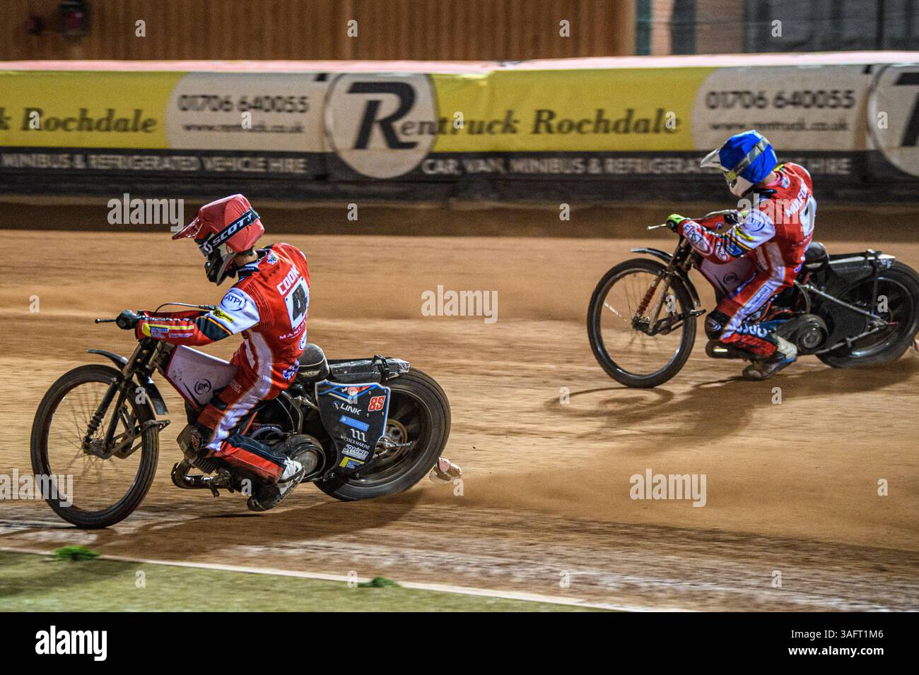 Zach Cook of Belle Vue Aces in Red rides inside team mate Jake Mulford ...