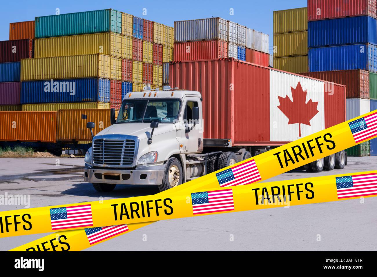 A Canada-marked shipping container on a truck, blocked by US 'Tariffs ...