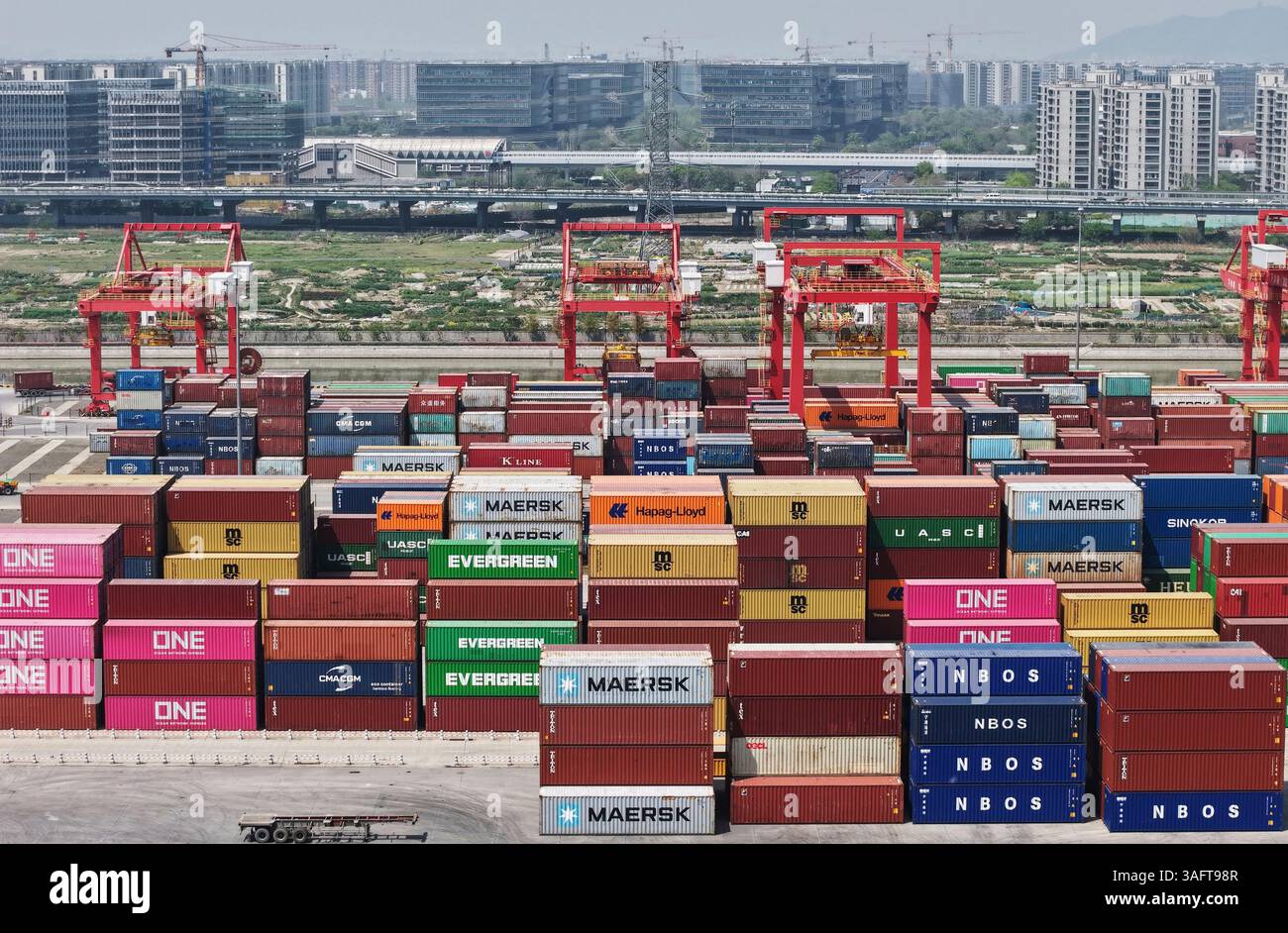 An aerial view of Xiasha Container Terminal on a canal in Hangzhou in ...