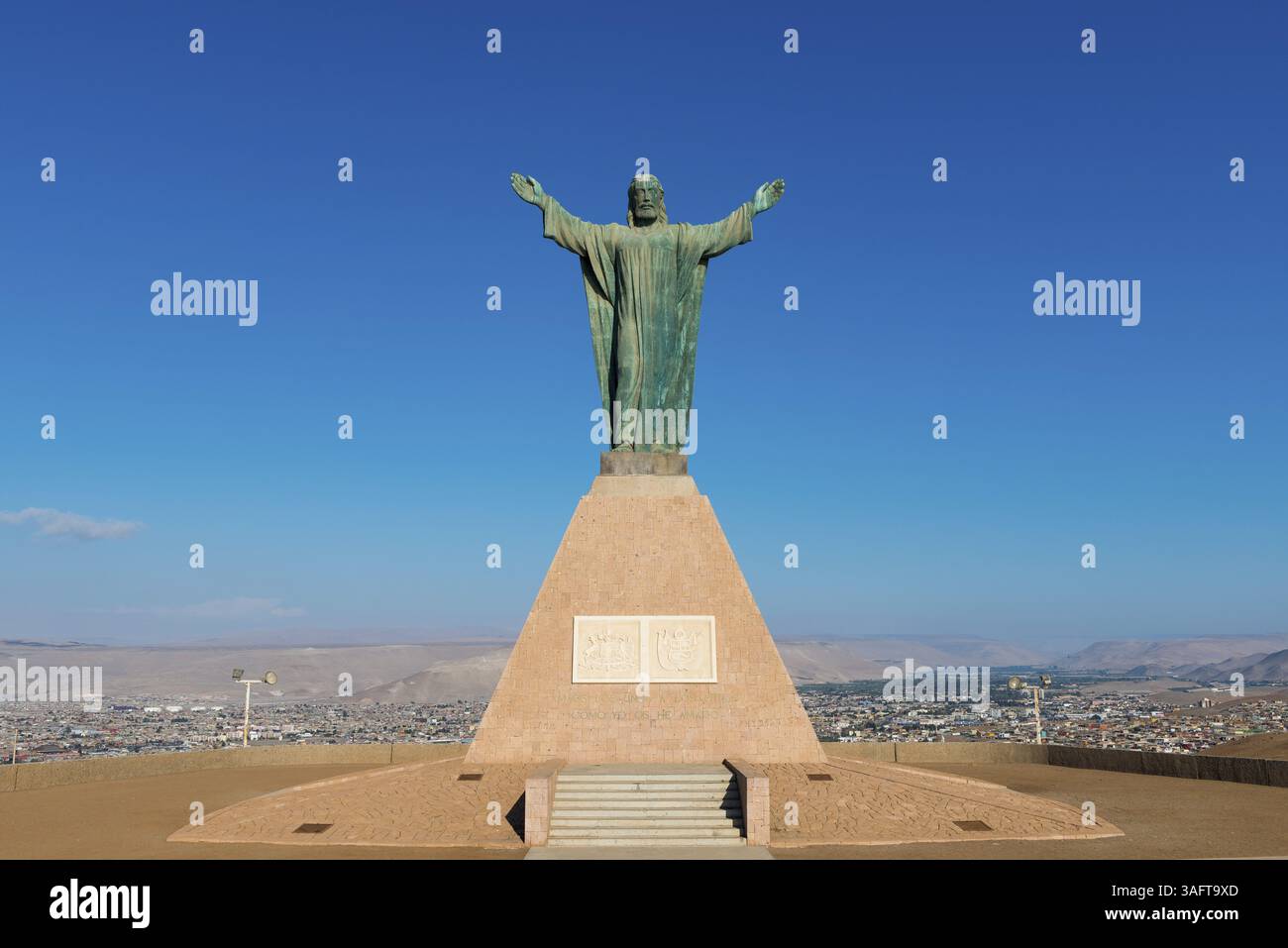 Large statue of Christ on the Morro de Arica lookout mountain, city of ...