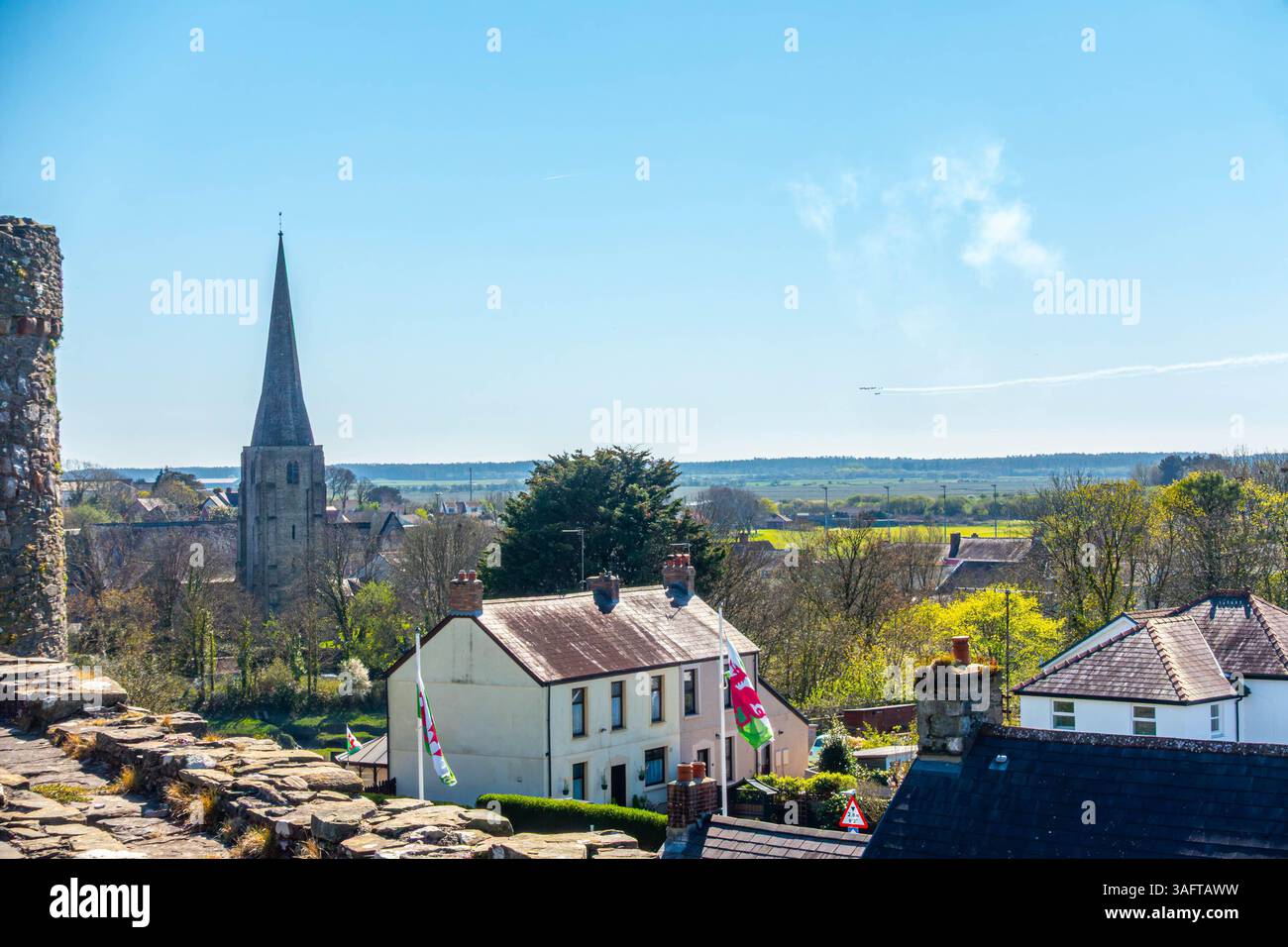 A view from the walls of Kidwelly Castle in Carmarthenshire, Wales ...