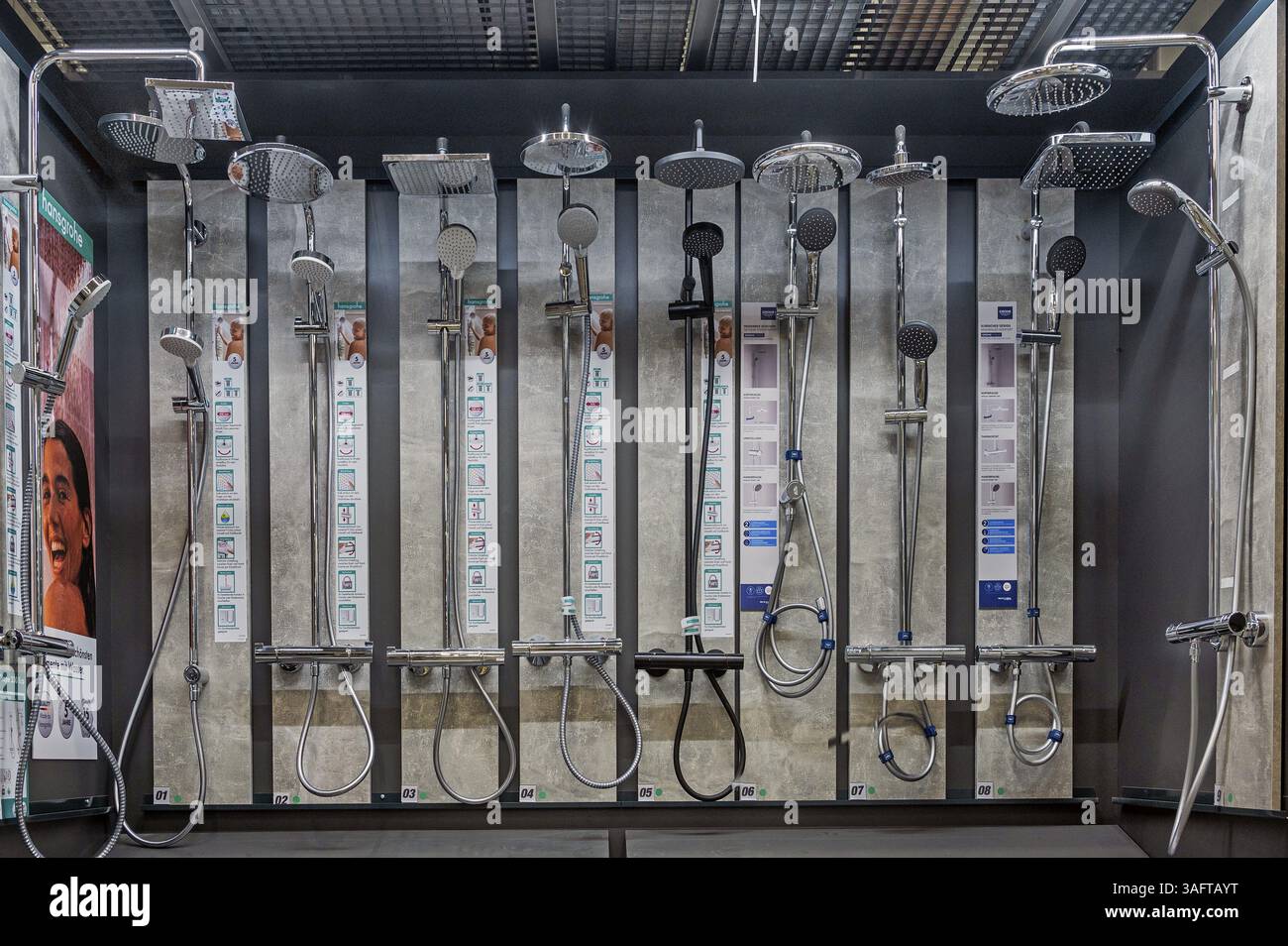 Various shower types and shower heads in a DIY store, Allgaeu, Swabia ...