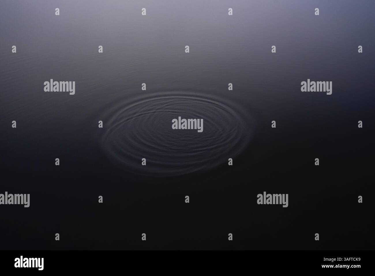 Circles of water rings spread on a dark and foggy water surface ...