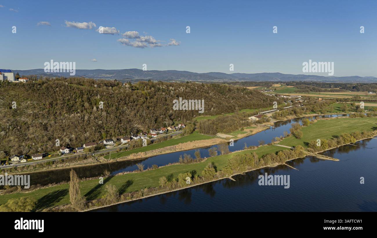 Birds eye view countryside houses next to a river hi-res stock ...