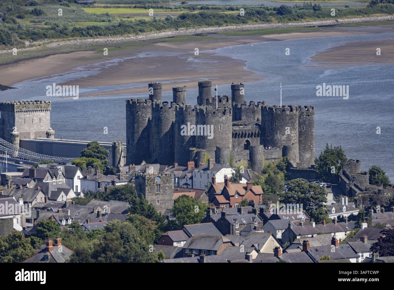 View from the mountains to Conwy Castle, ruins of the medieval castle ...