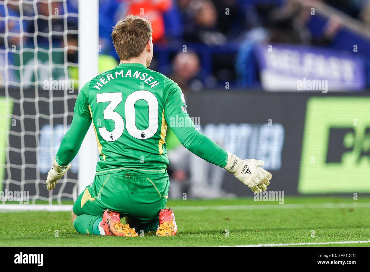 #30, goalkeeper Mads Hermansen of Leicester City shows his frustration ...
