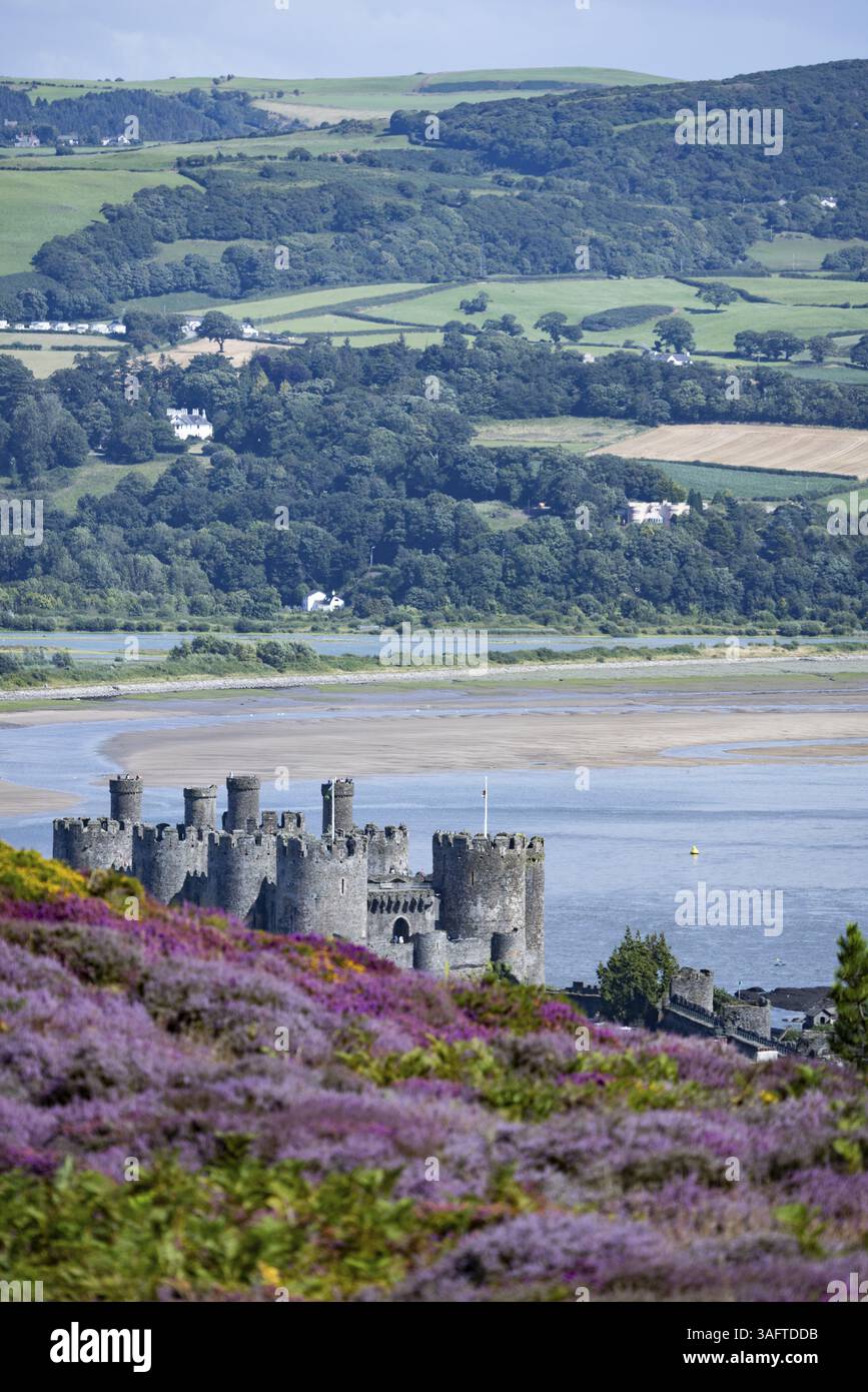 View from the mountains to Conwy Castle, ruins of the medieval castle ...