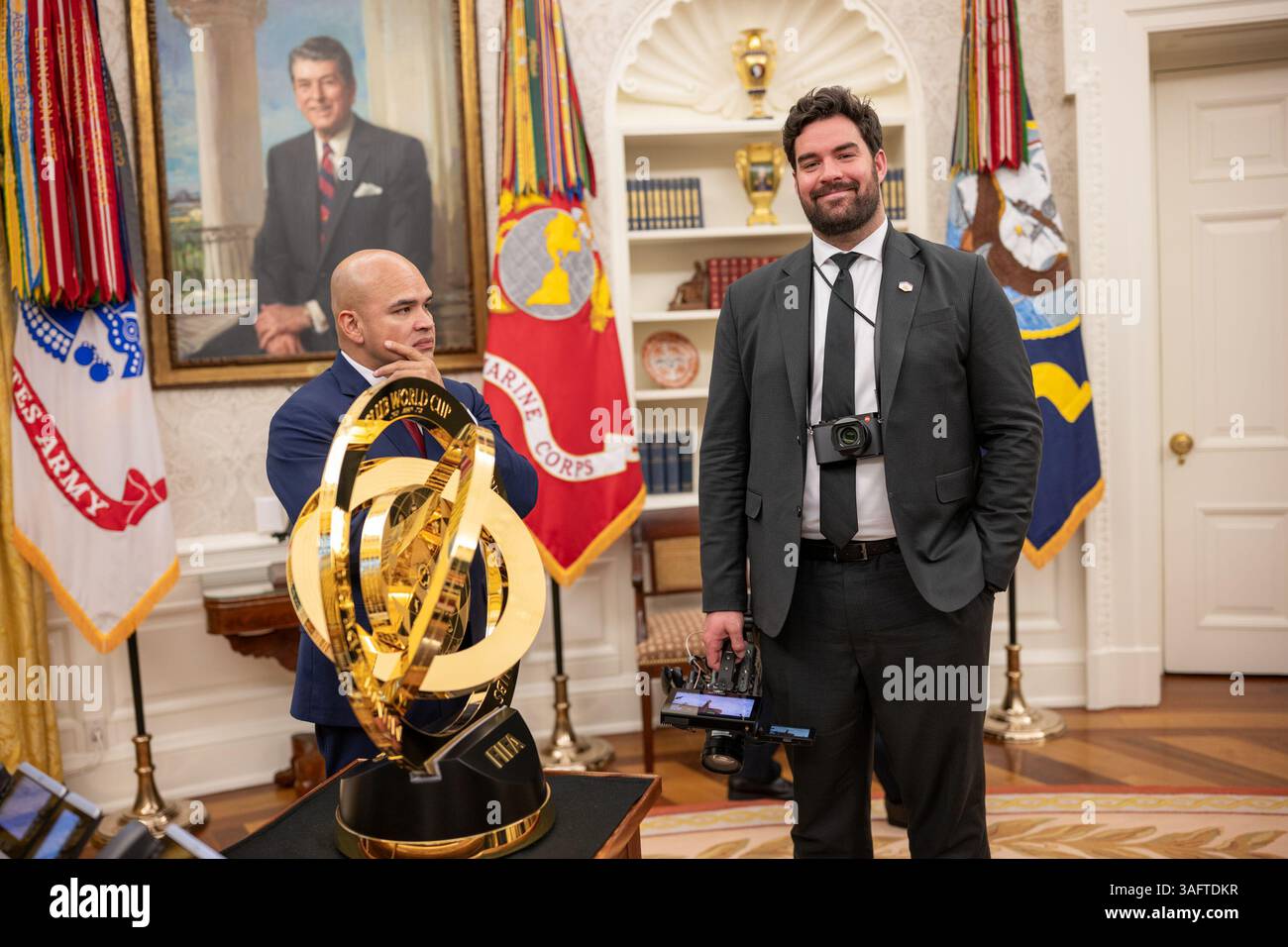 President Donald Trump greets Israeli Prime Minister Benjamin Netanyahu, Monday, April 7, 2025 ...