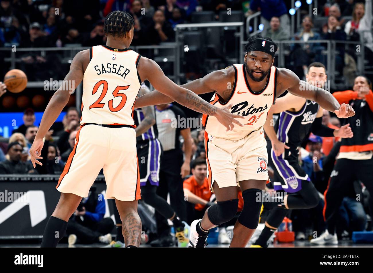 Detroit Pistons center Isaiah Stewart, right, is congratulated by guard ...