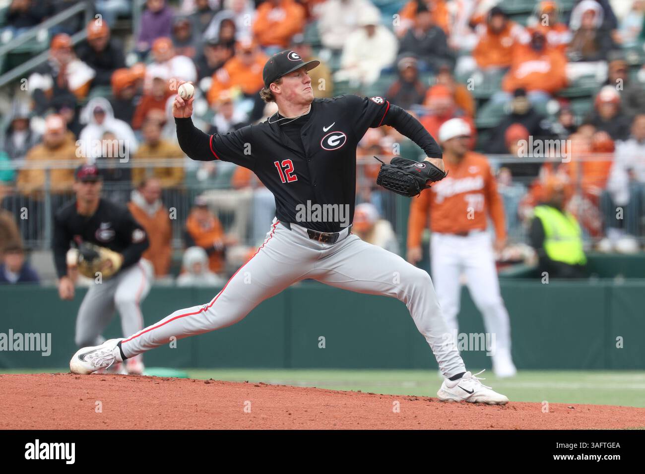 AUSTIN, TX - APRIL 06: Georgia pitcher Leighton Finley (12) pitches the ...