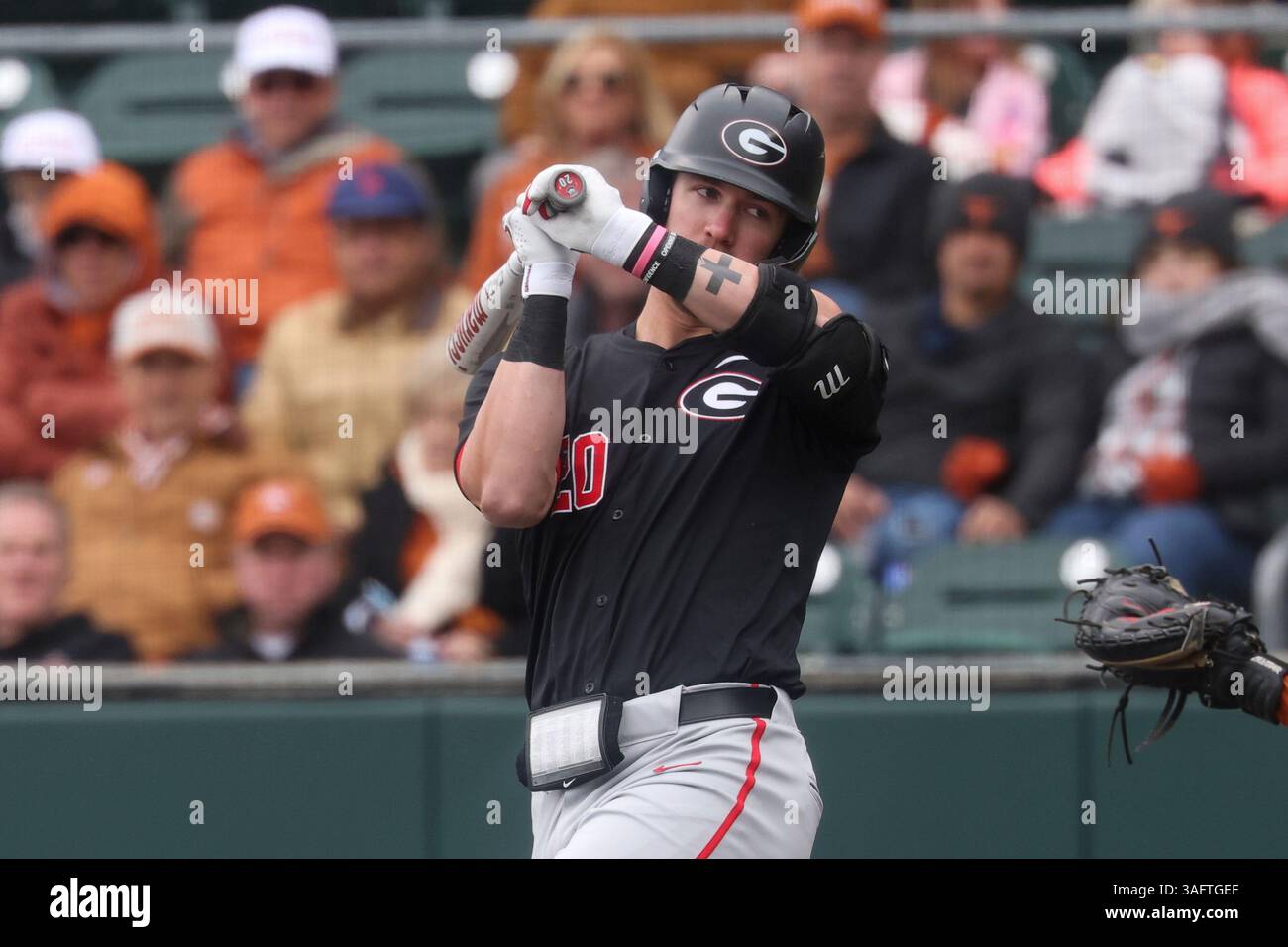 AUSTIN, TX - APRIL 06: Georgia infielder Ryland Zaborowski (20) checks ...