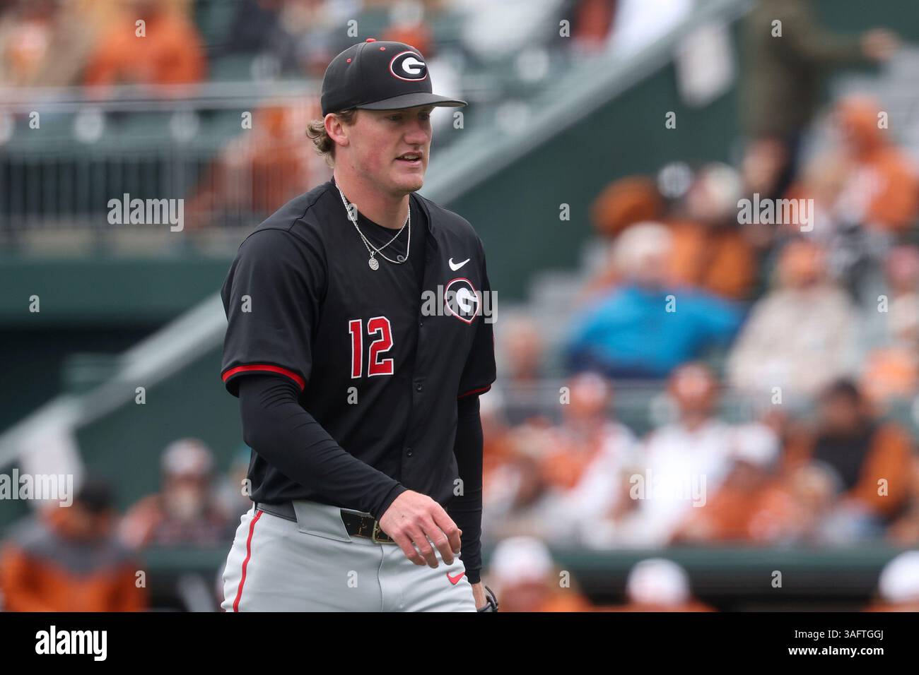 AUSTIN, TX - APRIL 06: Georgia pitcher Leighton Finley (12) walks off ...