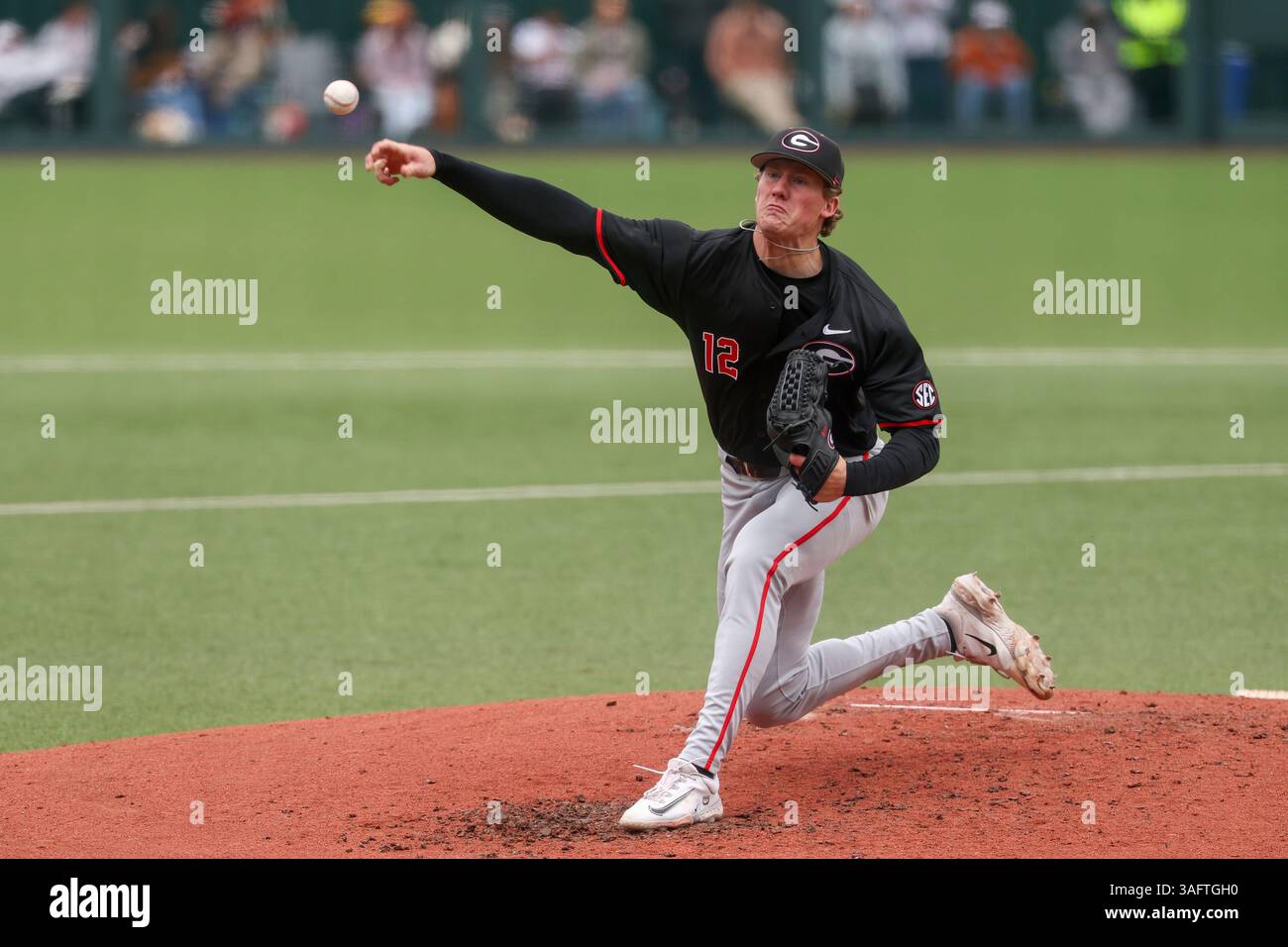 AUSTIN, TX - APRIL 06: Georgia pitcher Leighton Finley (12) pitches the ...