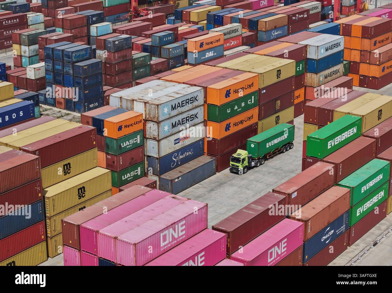 An aerial view of Xiasha Container Terminal on a canal in Hangzhou in ...