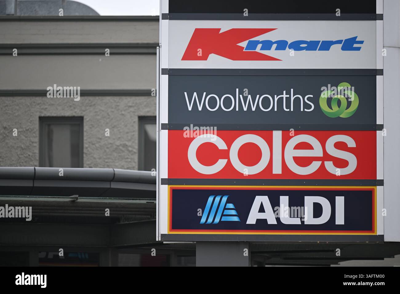 Sydney, Australia. 08th Apr, 2025. Signs and logos of Kmart, Woolworths ...