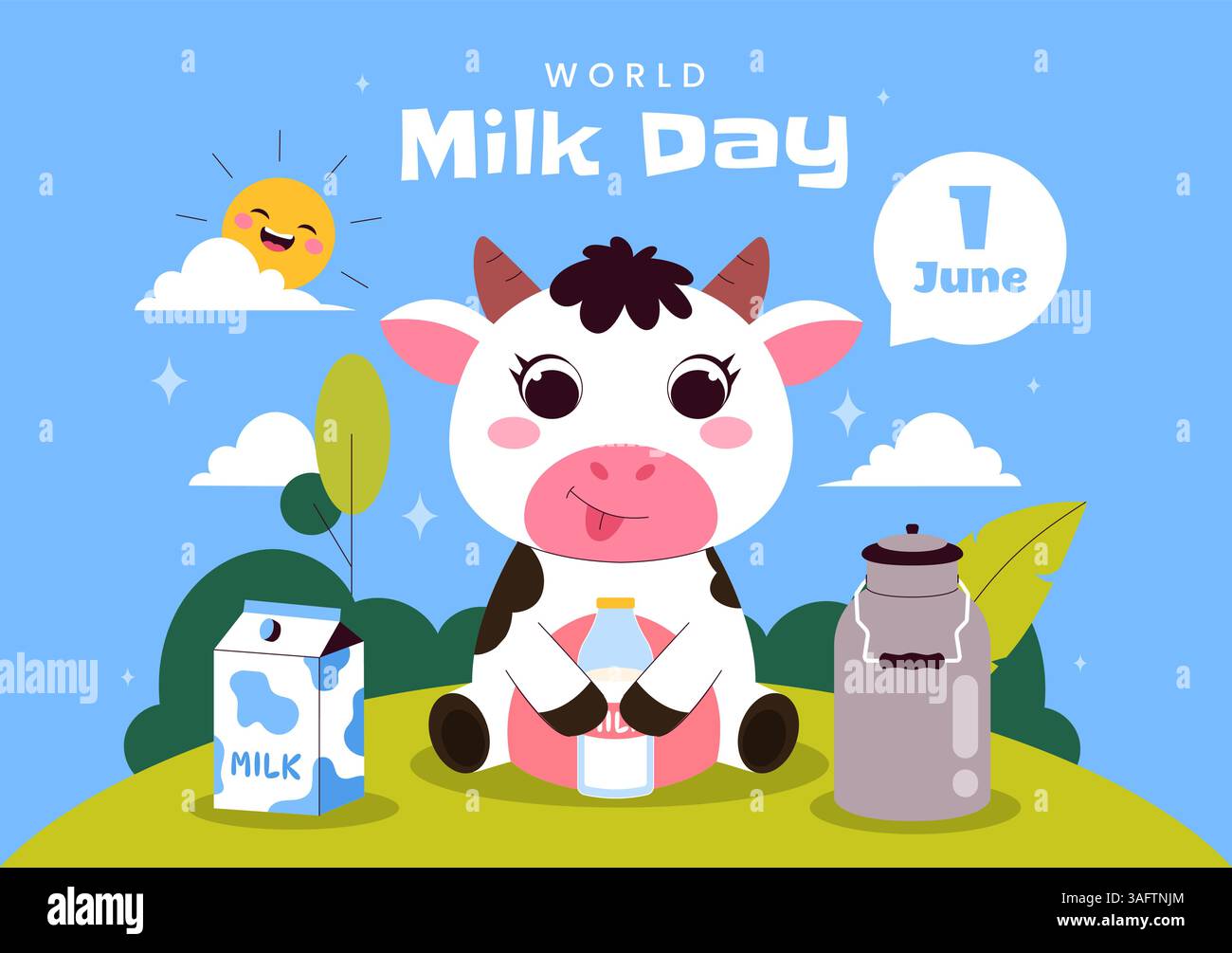 World Milk Day Vector Illustration with Milk Bottle and Cute Cow ...
