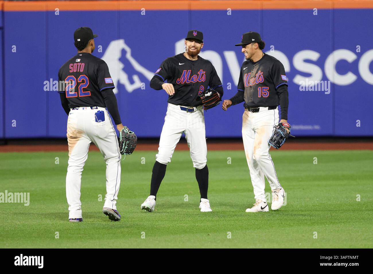 From left to right, New York Mets outfielders Juan Soto, Brandon Nimmo ...