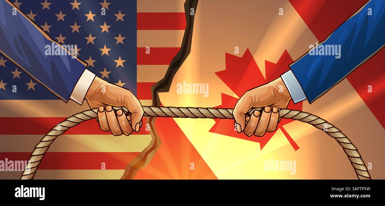 Trade war USA Canada illustration showing hands gripping rope over ...