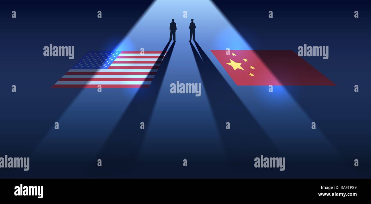 Trade war USA China flags confrontation. Two silhouetted figures face ...
