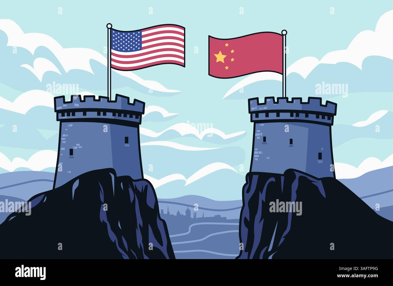 Trade war illustration USA China flags on castle towers symbolizing ...