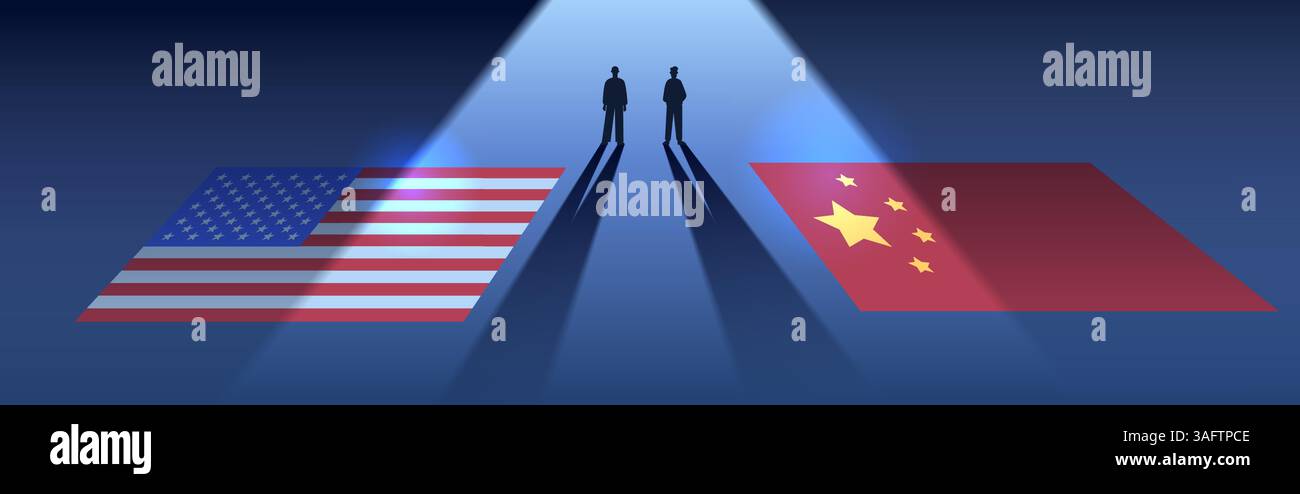 Trade war USA China flags confrontation silhouettes spotlight dark ...