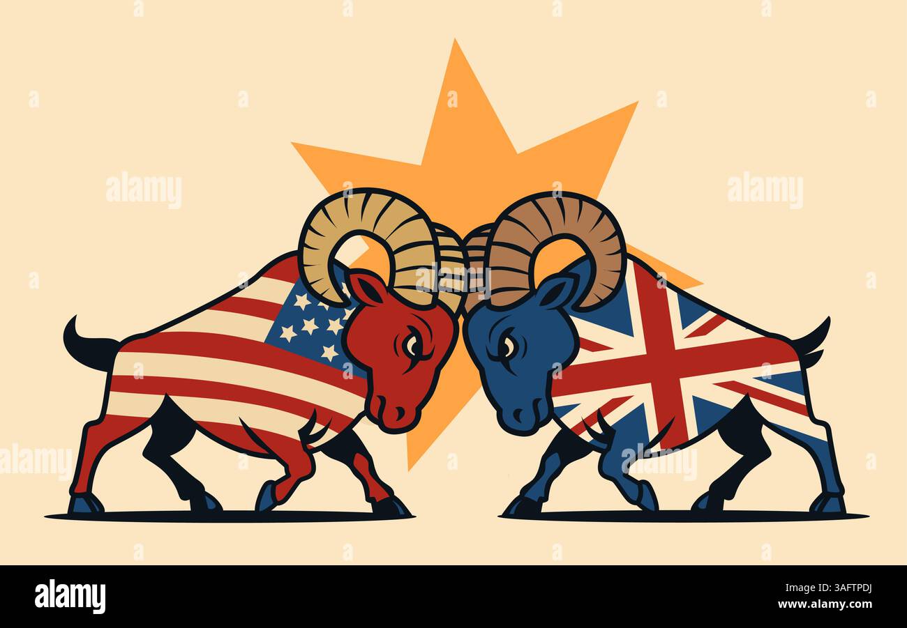 USA UK trade war concept two rams with American and British flags ...