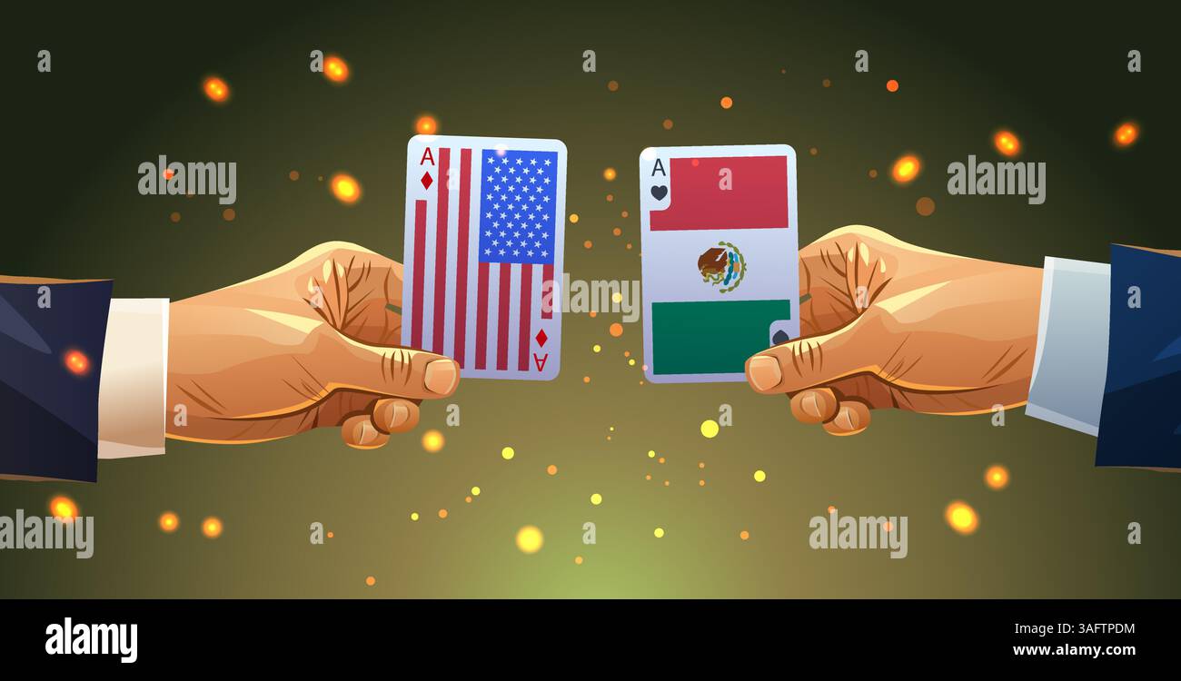 Trade war USA Mexico poker cards concept Two hands holding playing ...