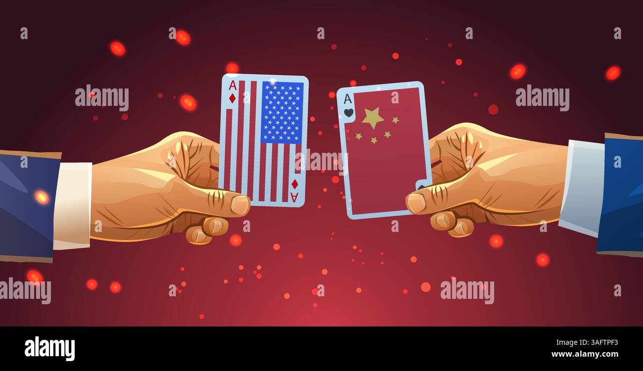 Trade war USA China concept illustration. Two hands hold playing cards ...
