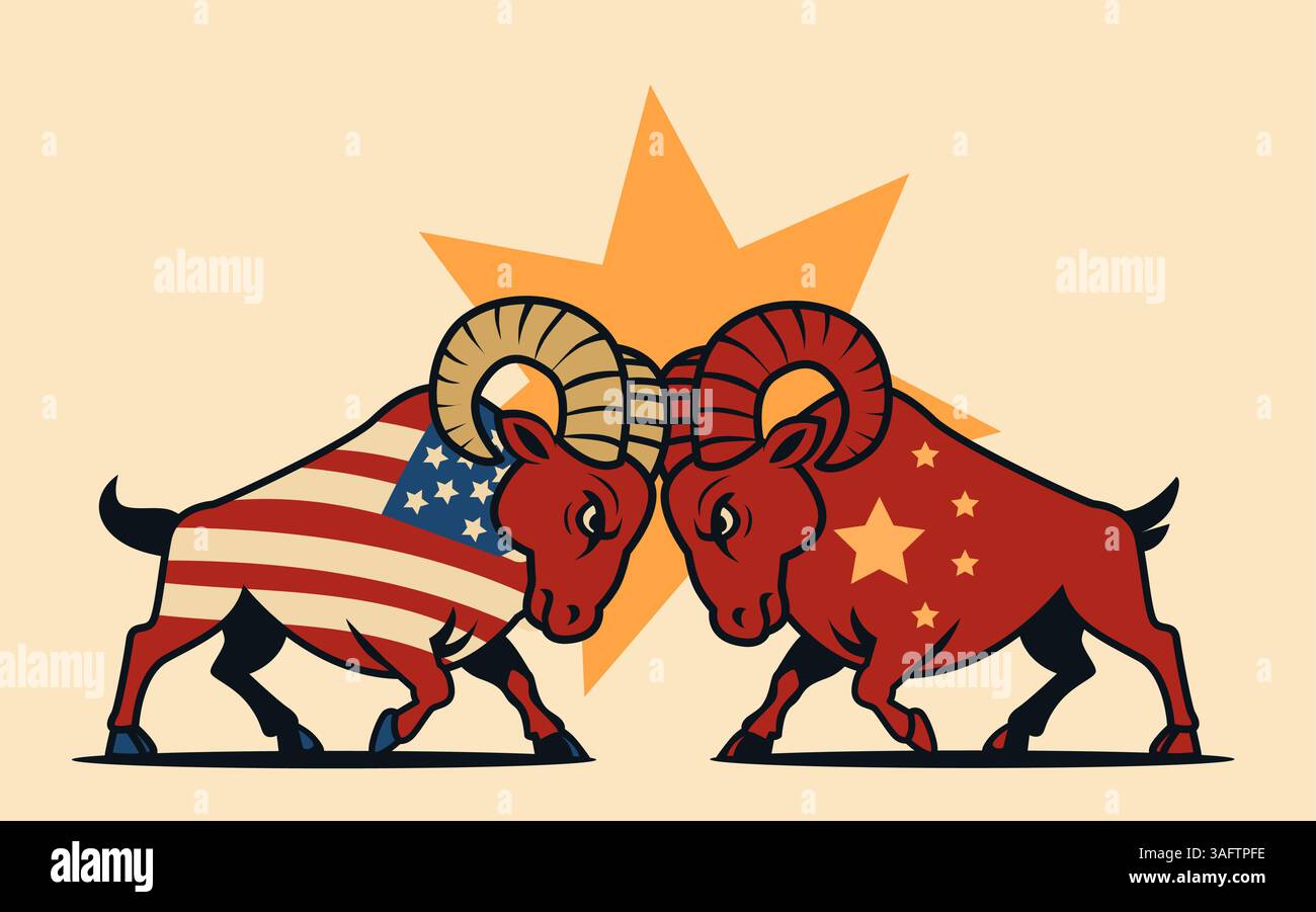 USA China trade war concept depicting two rams with national flags ...