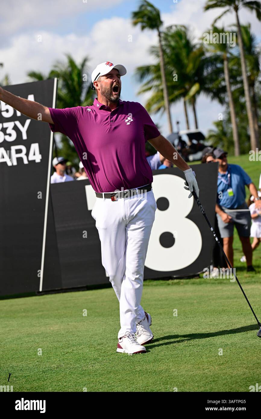 DORAL, FL - APRIL 06: Marc Leishman yells from the tee box during LIV ...