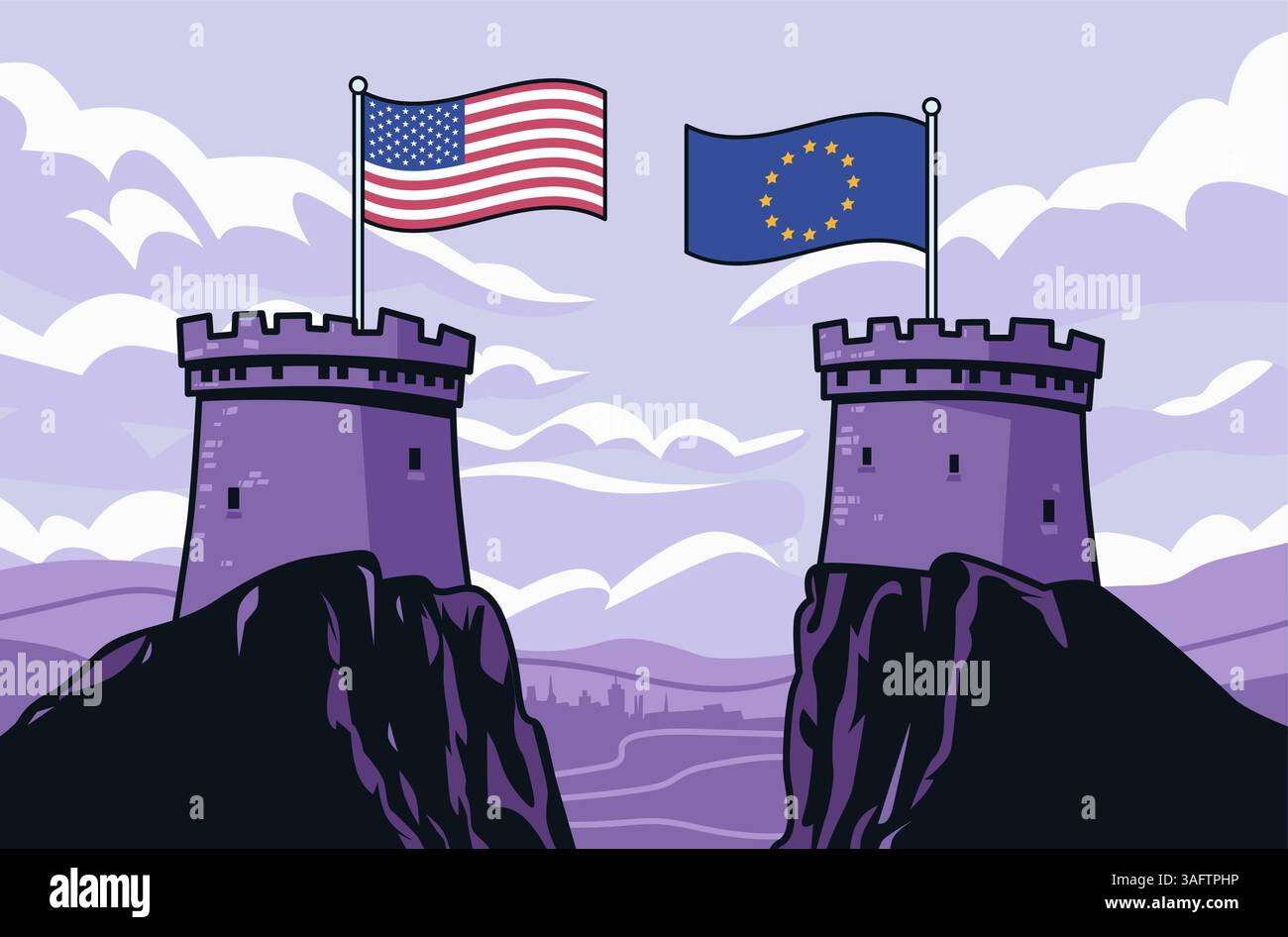Trade war illustration USA EU flags on castle towers against cloudy sky ...