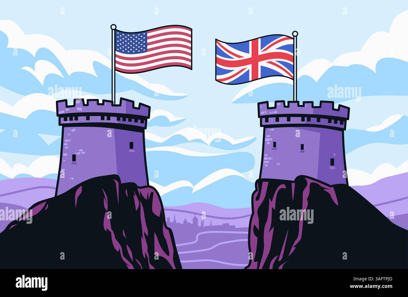Trade war illustration USA UK flags. Two purple towers with American ...