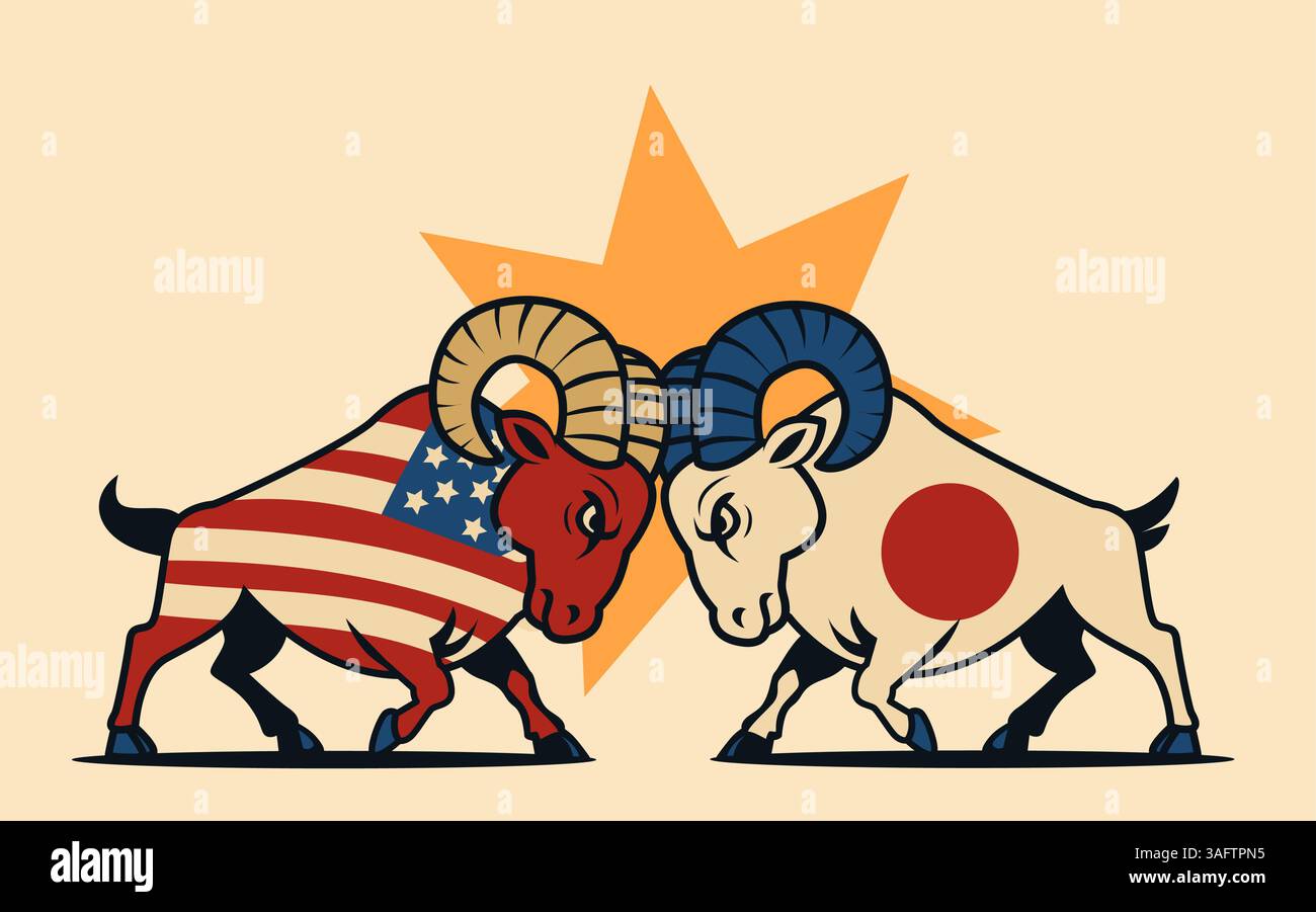 Trade war concept USA Japan rams clashing symbolizing tariffs conflict ...