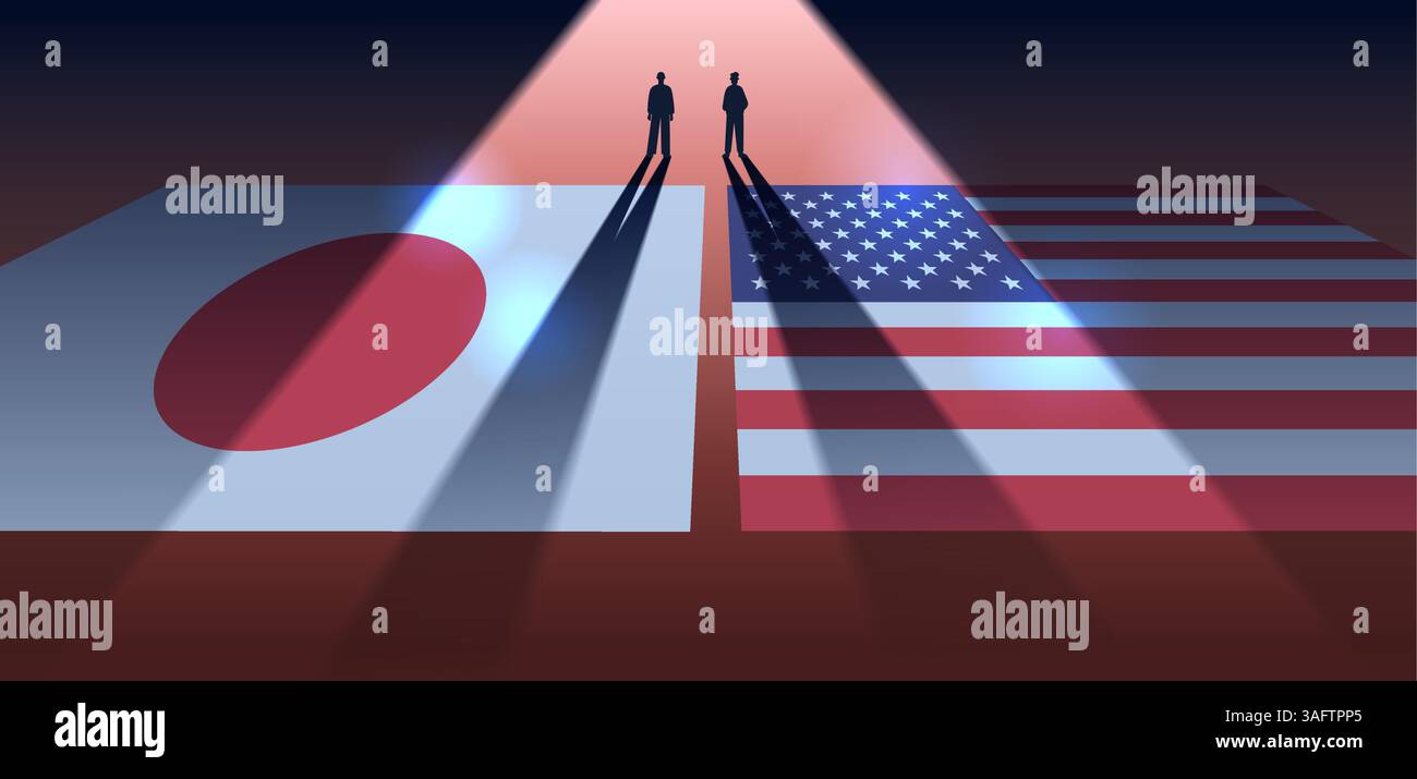 Japan USA trade war concept two silhouetted figures standing on flags ...