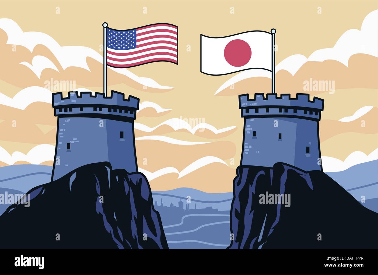 Trade war USA Japan concept with flags on castle towers against a ...