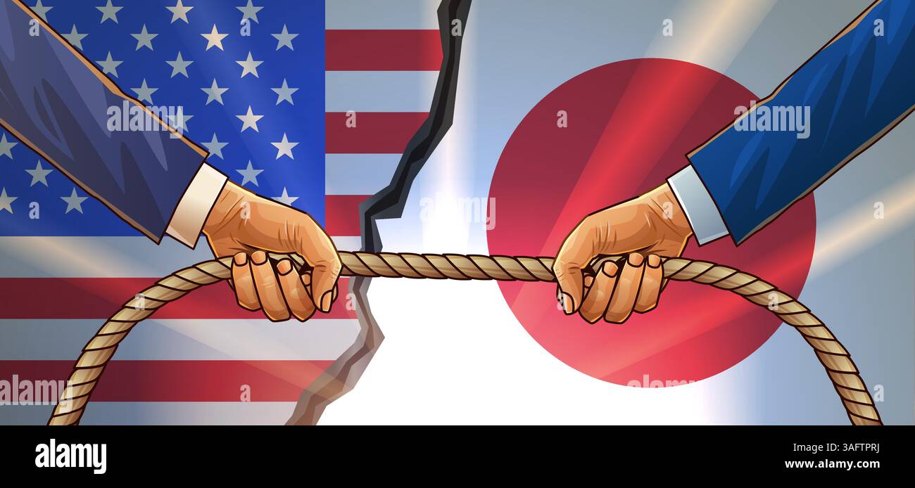 Trade war USA Japan concept illustration. Hands pulling rope against ...