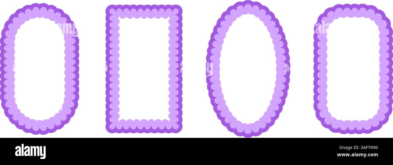 Purple frill pattern frame set. Cute scalloped ellipse and rectangle border collection. Wavy ...