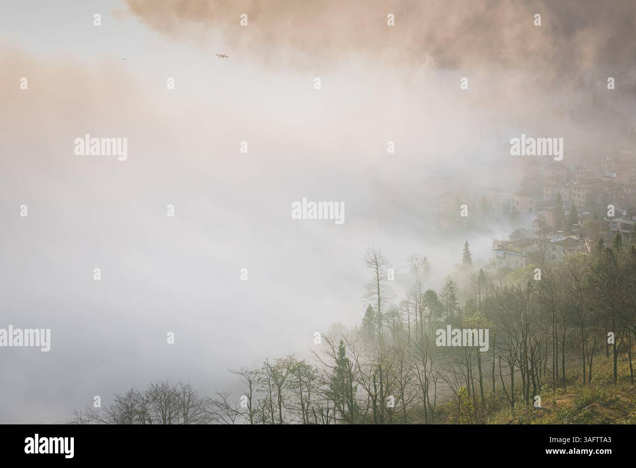 Dense fog covering the village and the forest during the sunrise ...