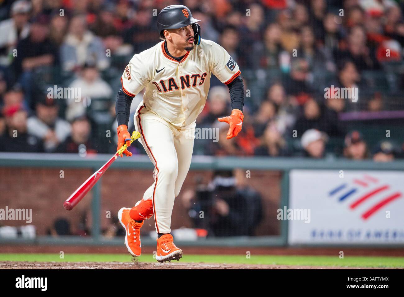 San Francisco Giants' Willy Adames watches his hit during the sixth ...