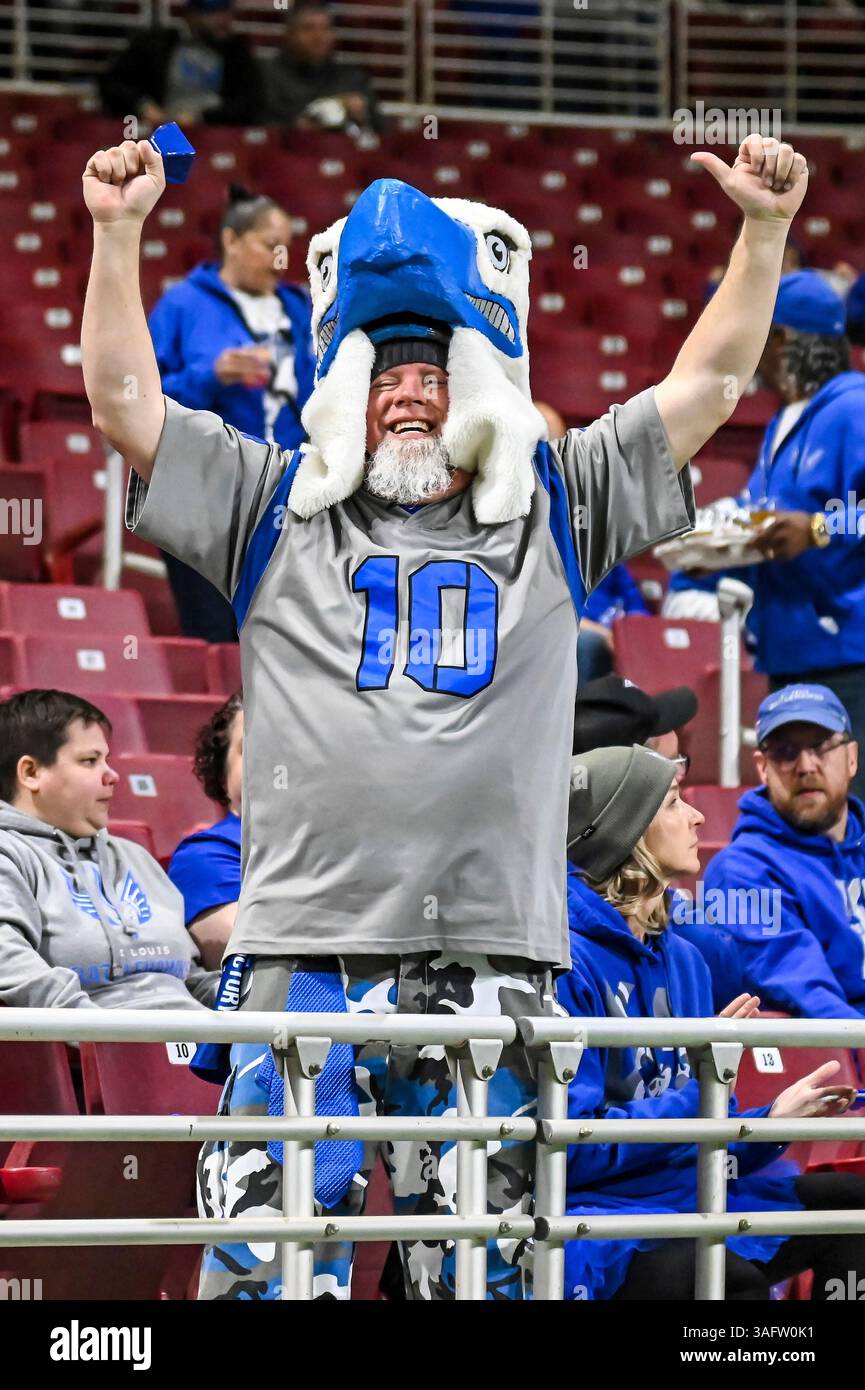 ST. LOUIS, MO - APRIL 06: A fan wears a large Battlehawk head gear ...