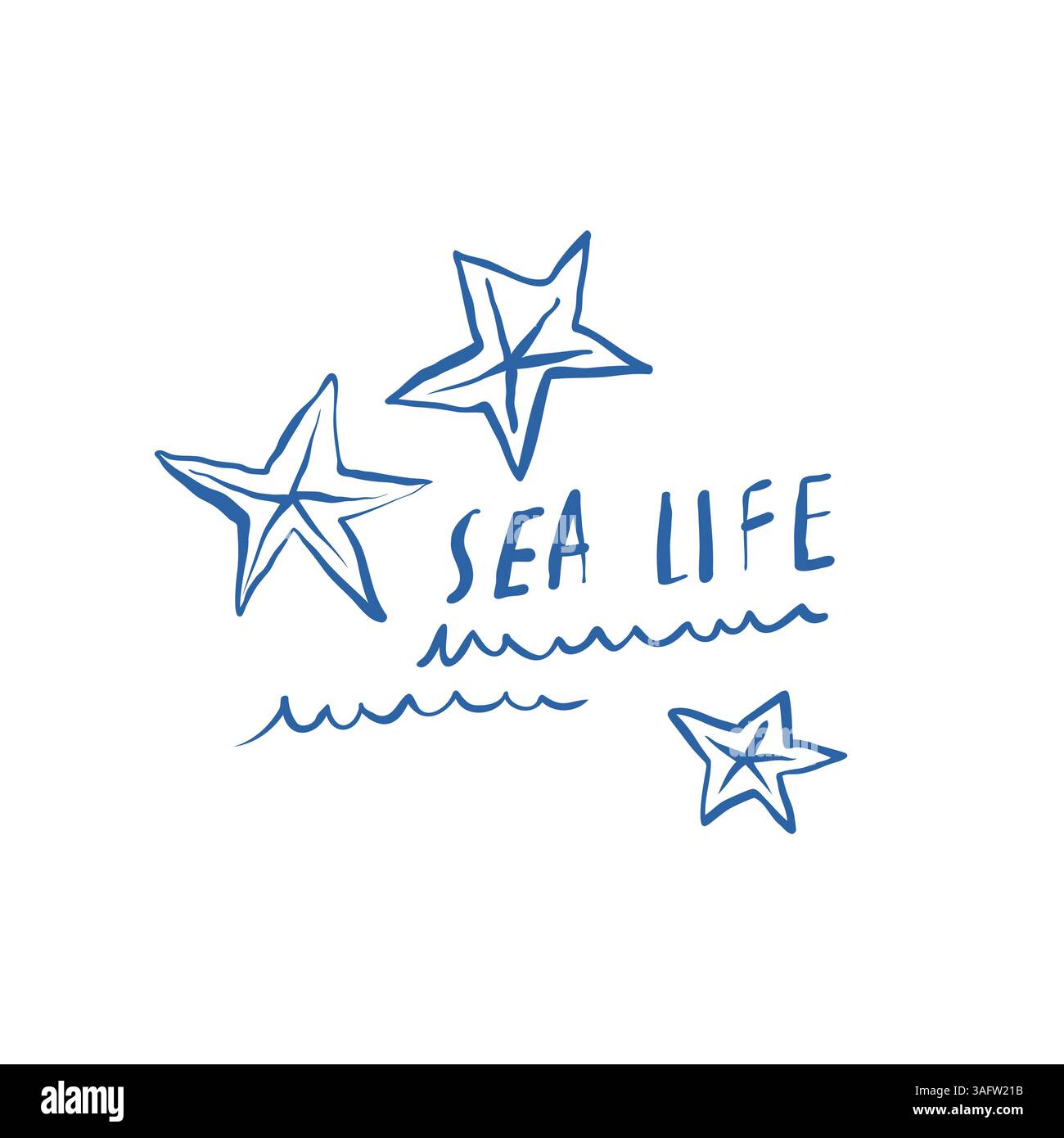 Hand-drawn starfish illustration with Sea Life lettering and wave ...