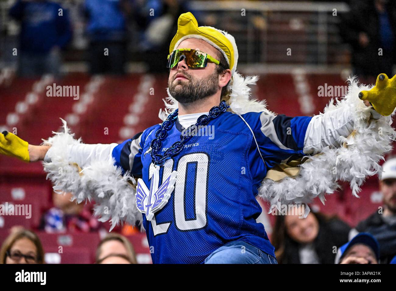 ST. LOUIS, MO - APRIL 06: A St. Louis fan poses with his Battlehawk ...