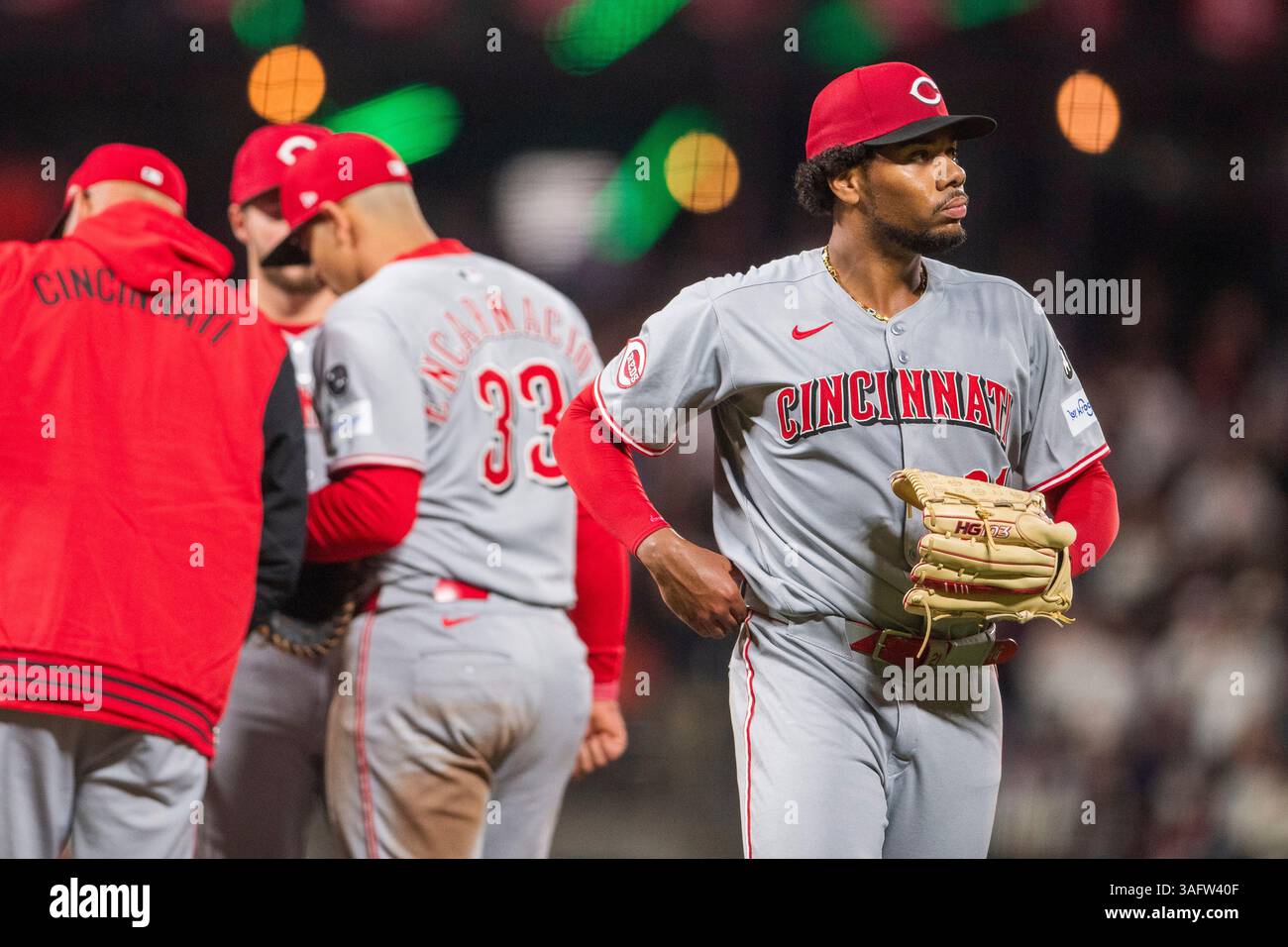 Cincinnati Reds pitcher Hunter Greene leaves the game during the ninth ...