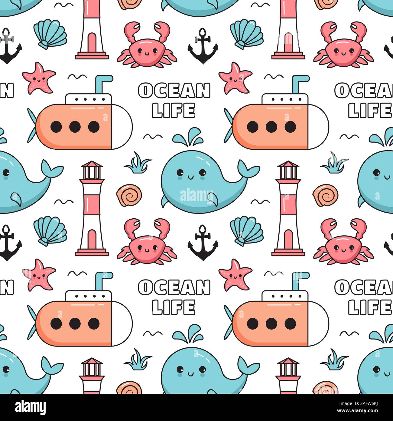 Seamless Ocean Pattern Design Featuring Decorative Marine Life Elements ...