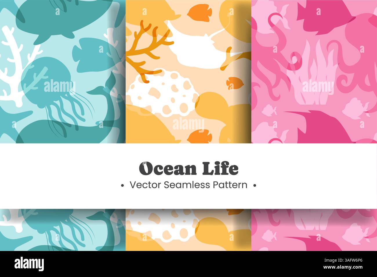 Seamless Ocean Pattern Design Featuring Decorative Marine Life Elements in a Cartoon Flat Style ...