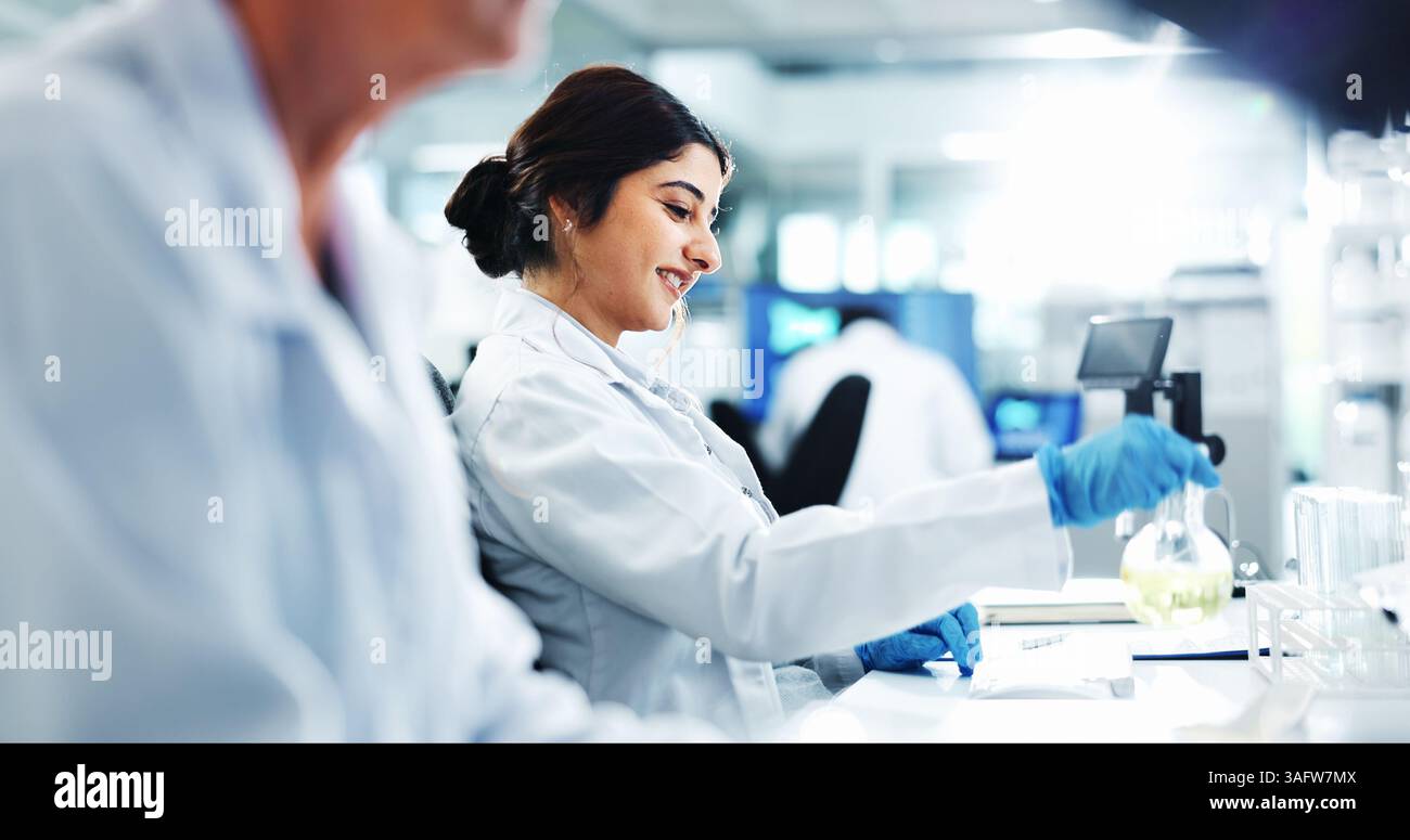 Thinking, scientist and woman with chemical, lab and smile for ...
