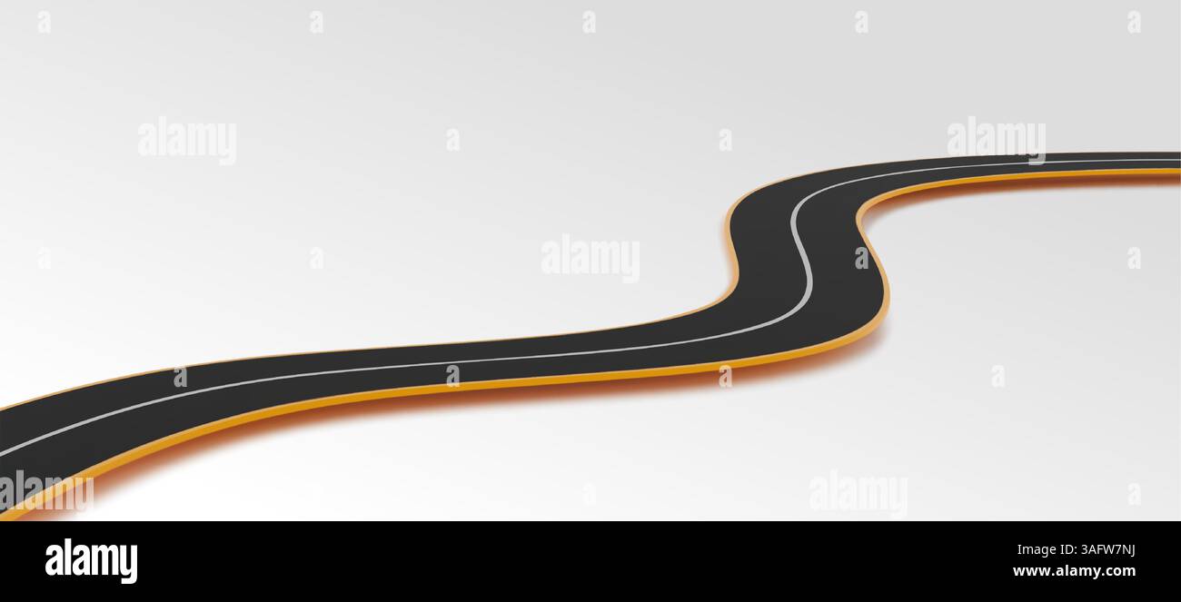 3D road highway curve with black asphalt surface and yellow edges ...
