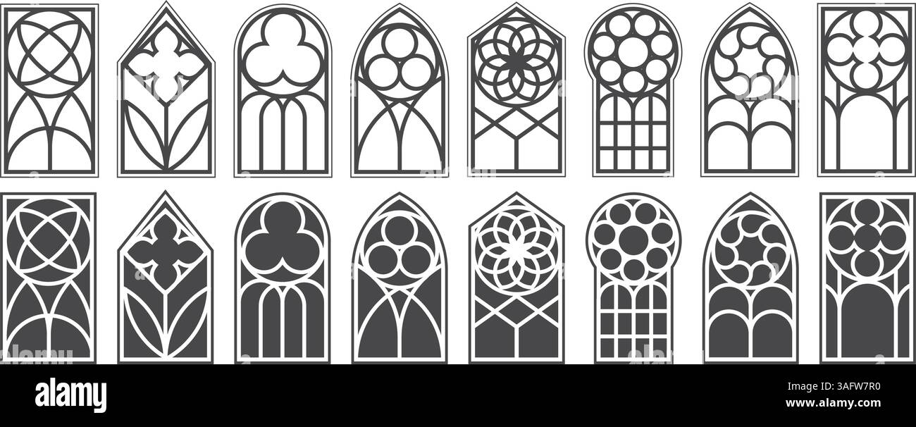 Church gothic window frames. Stained glass cathedral arches with ...